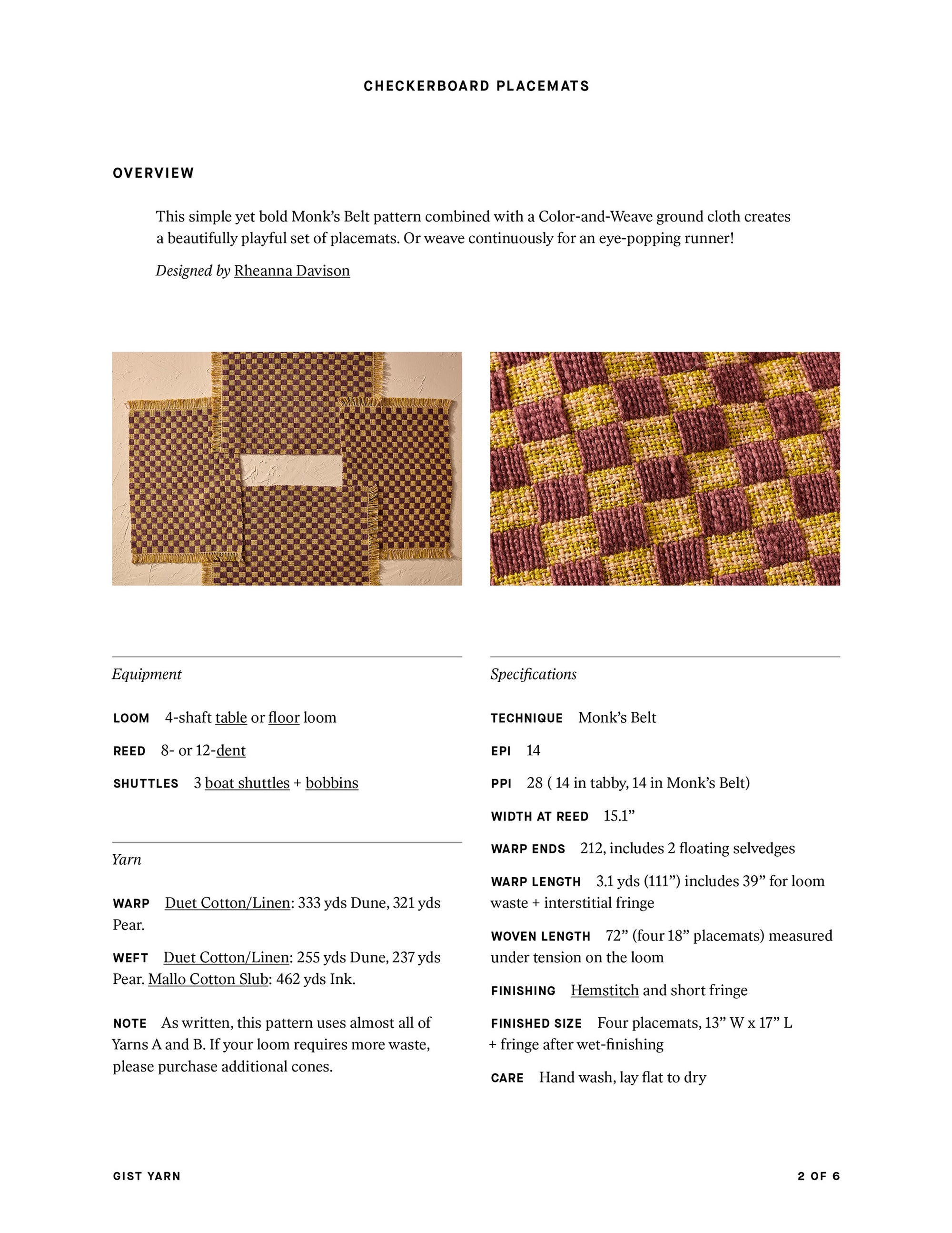 Checkerboard Placemats Weaving Pattern - Gist Yarn